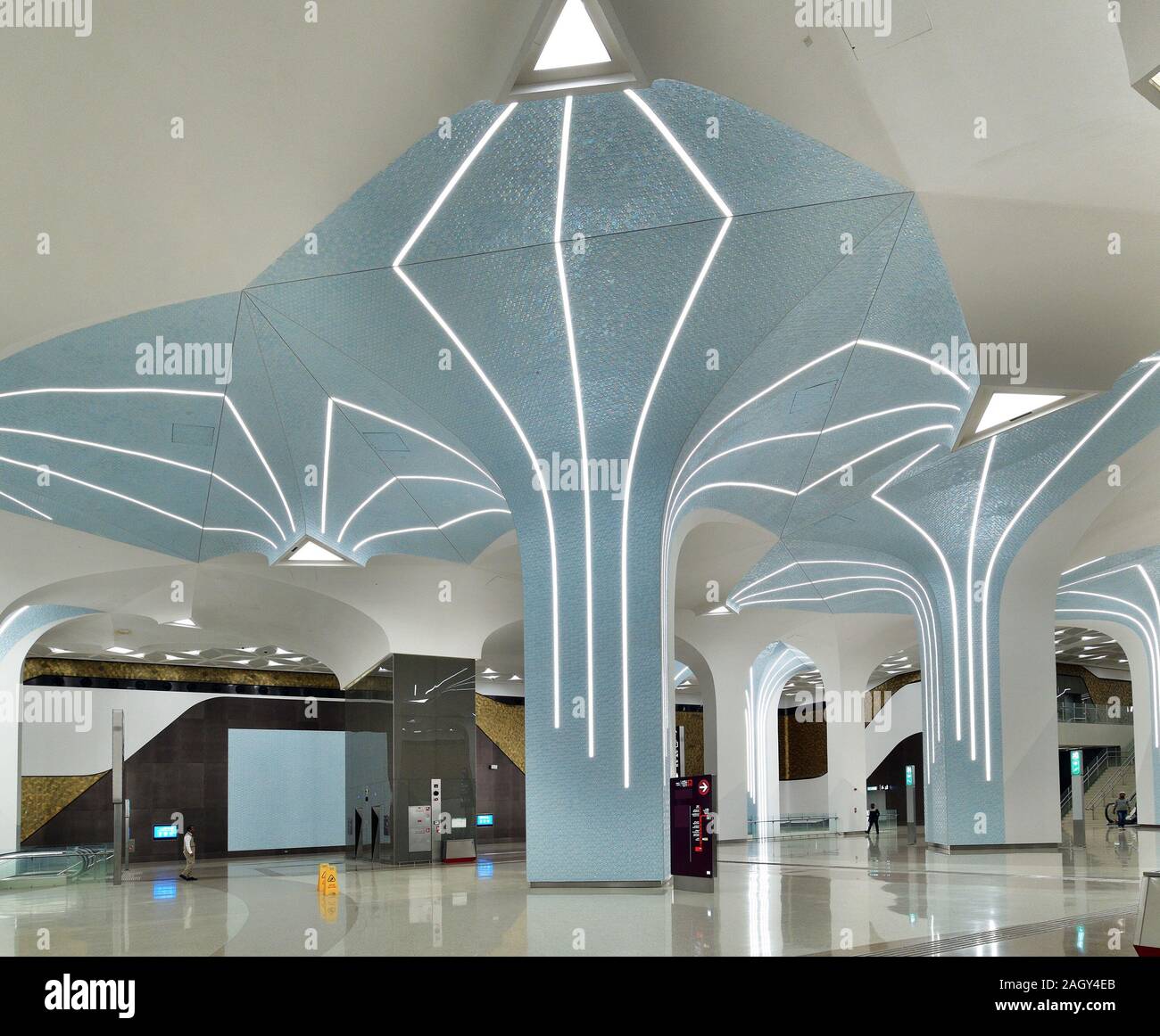 Doha, Qatar - Nov 20. 2019. The interior of Al Bidda metro station ...