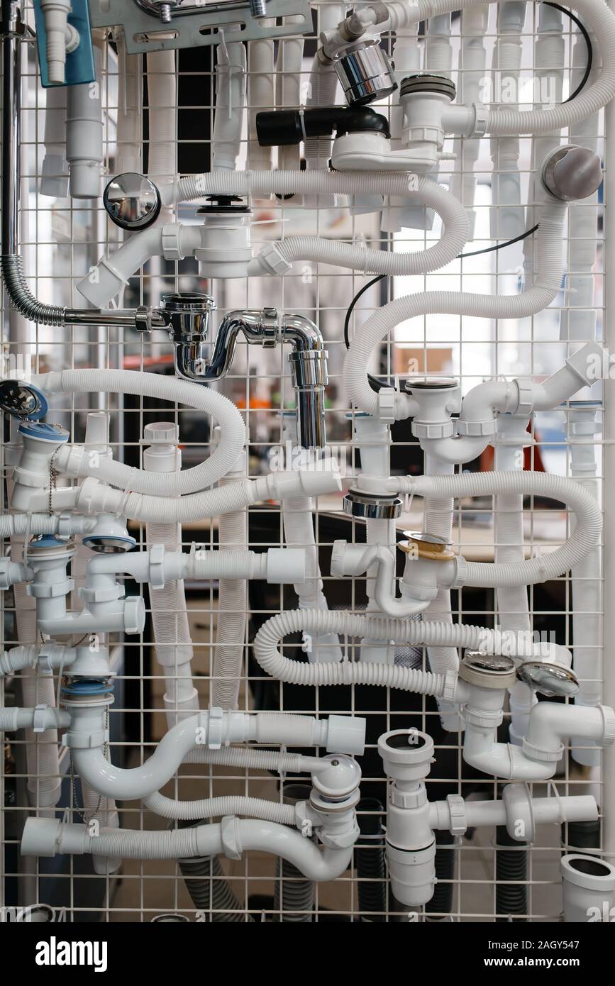 Water drain systems on showcase, plumbering store Stock Photo - Alamy