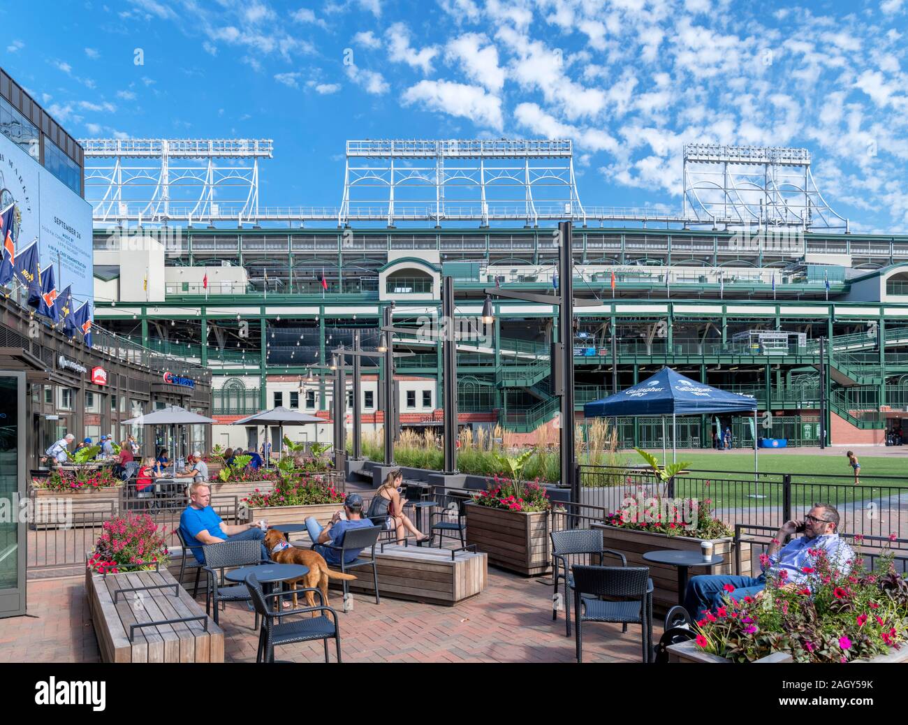 Terrace of Starbucks coffee shop in front of Wrigley Field ballpark ...