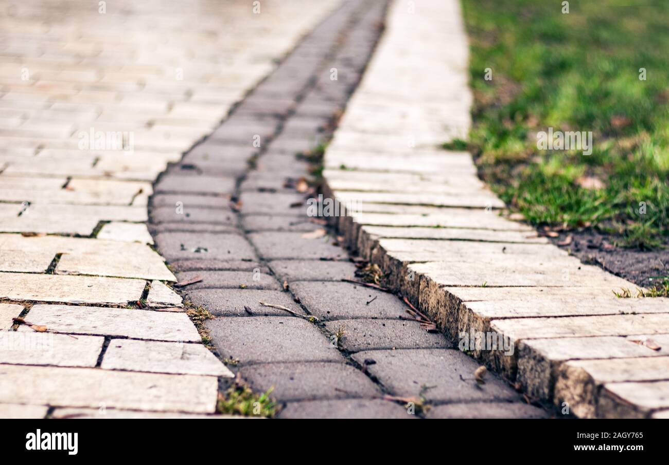 paving stones, pavement road in the park with green grass lawn after ...