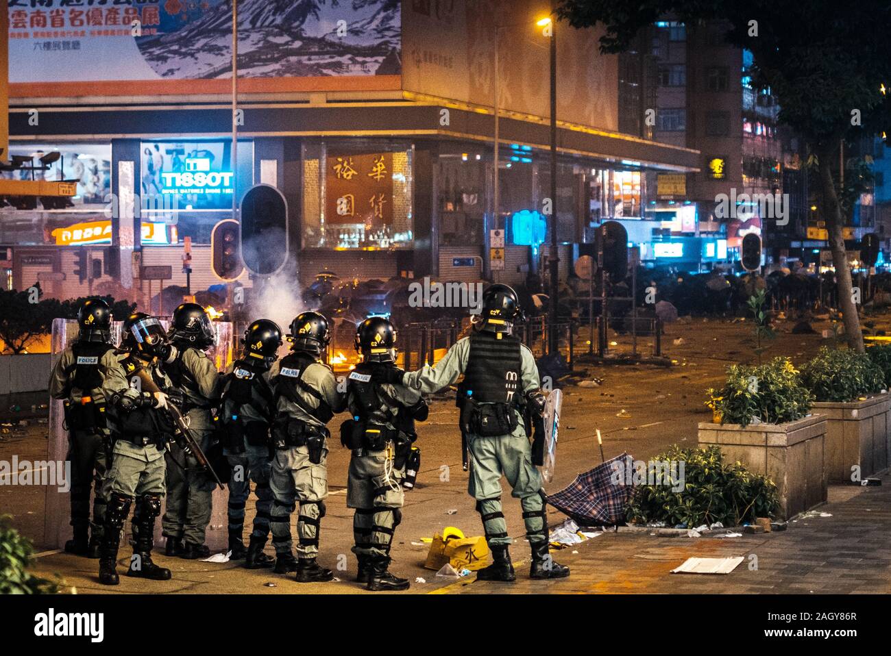 HongKong - November 18, 2019: Hong Kong riot police shoot tear gas on ...