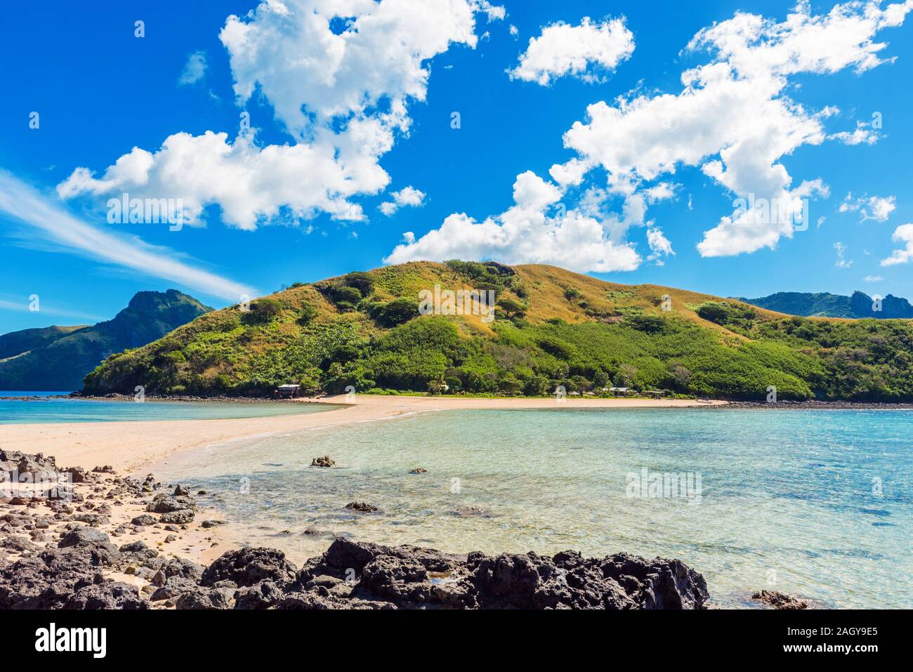 View of the sandy beach of the island, Fiji Stock Photo - Alamy