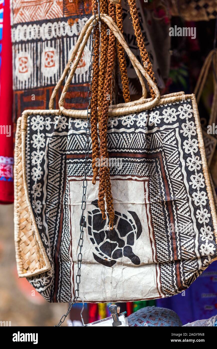 Handmade fabric bag in the local market, Fiji. Vertical Stock Photo - Alamy