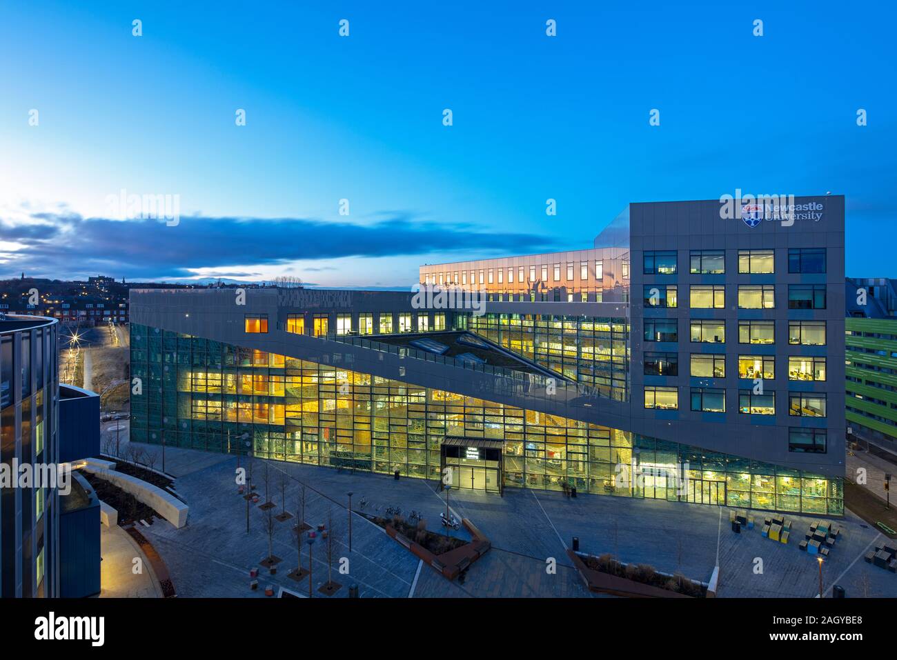 An external view at night of the Urban Science Building on Newcastle ...