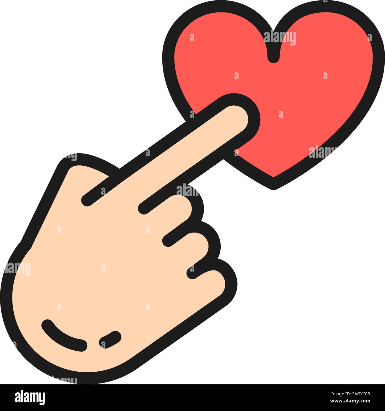 Finger point to heart button, feedback, customer review flat color line ...