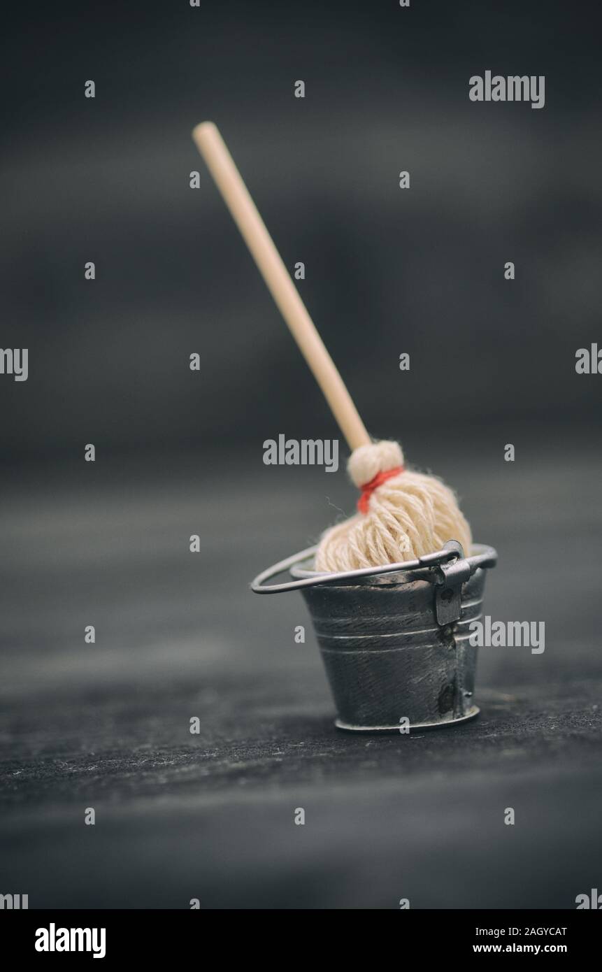 Metal bucket and mop, bucket and broom, cleaning concept Stock Photo ...