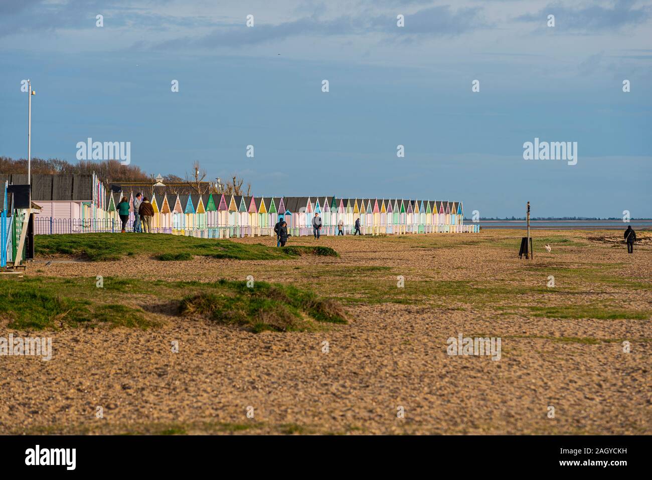 Colourful wooden beach huts at West Mersea, Mersea Island, Essex, UK ...