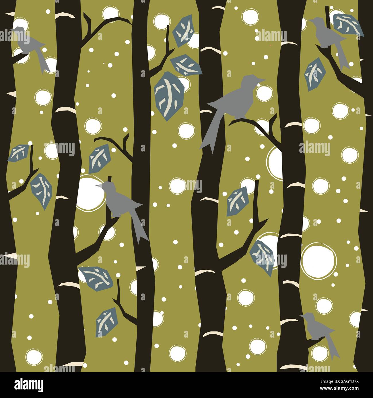 Seamless Tree Pattern with big birds and leaves. Vector Illustration ...