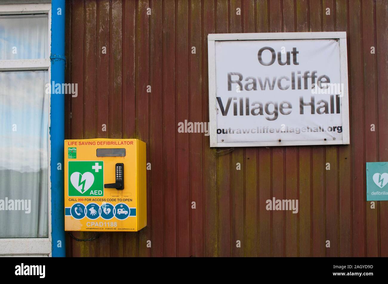 Lifesaving Defibrillator equipment positioned on wall of Out Rawcliffe ...