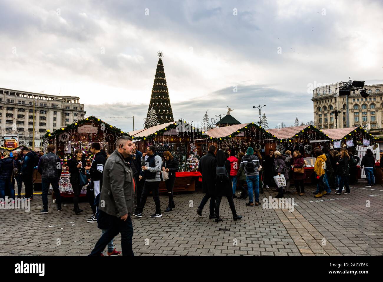 Bucharest Christmas market in front of the Palace of Parliament ...