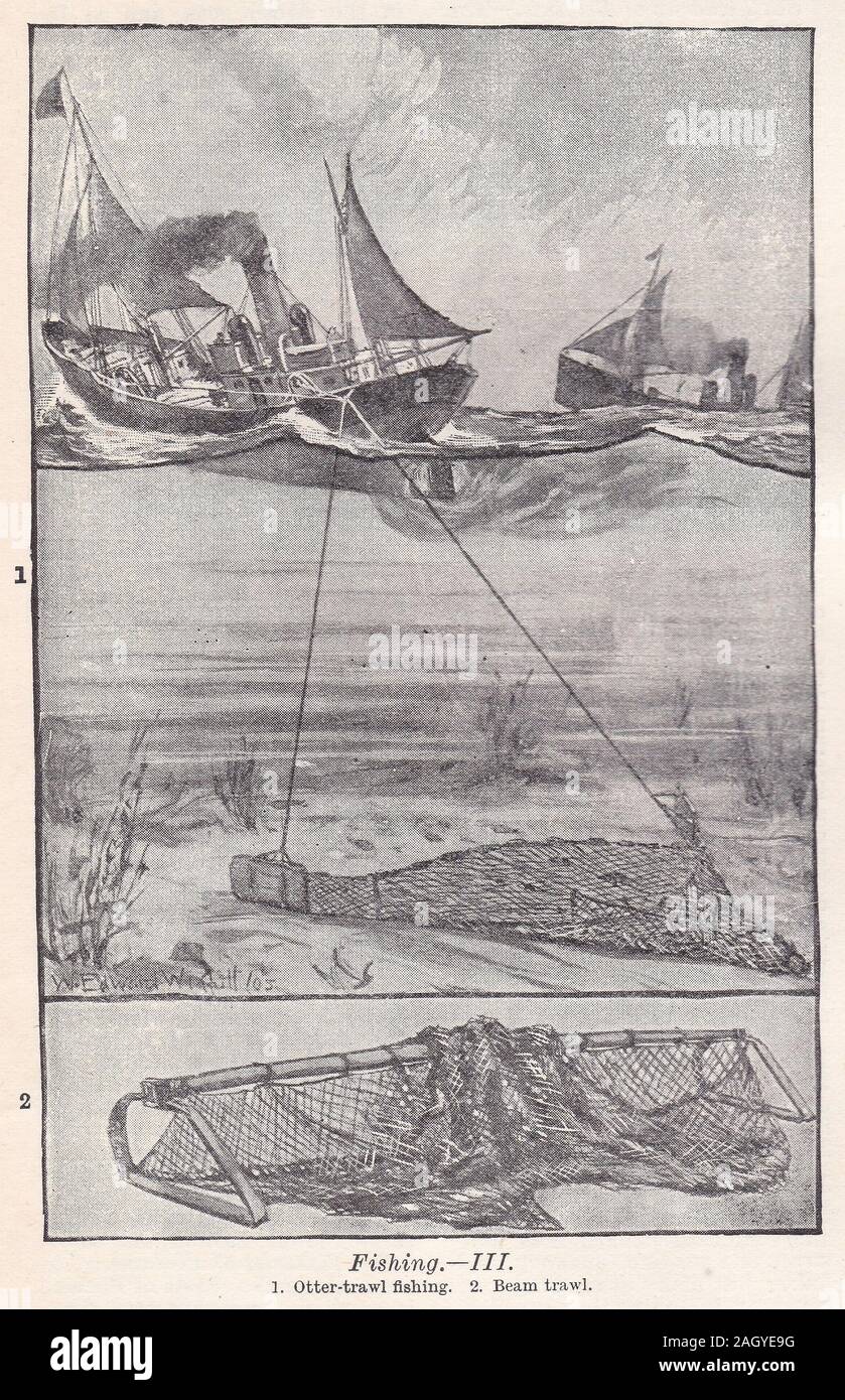 Fishing - Otter-trawl fishing and Beam trawl - 1930s illustration Stock ...
