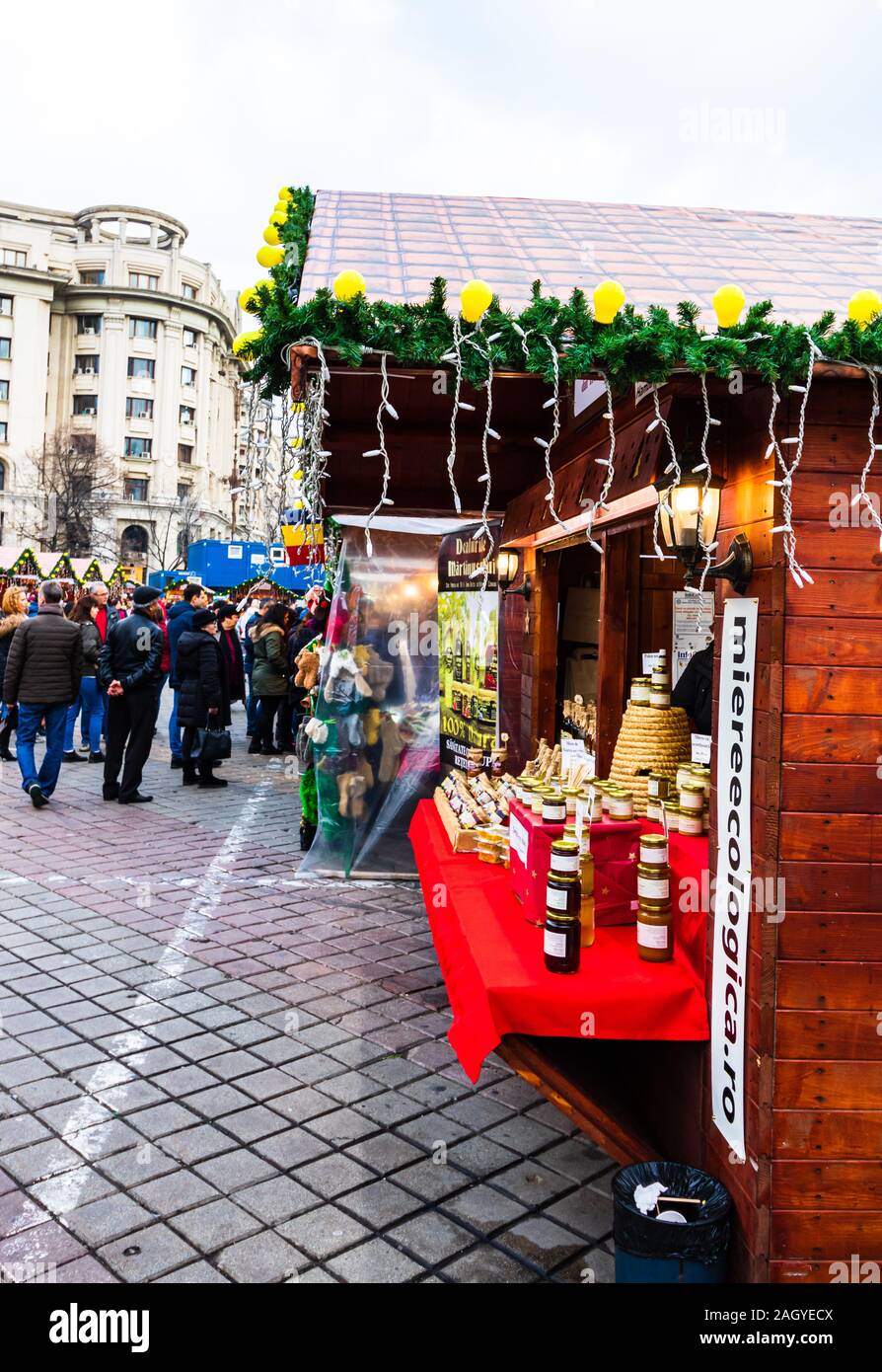 Bucharest Christmas market in front of the Palace of Parliament, lights ...