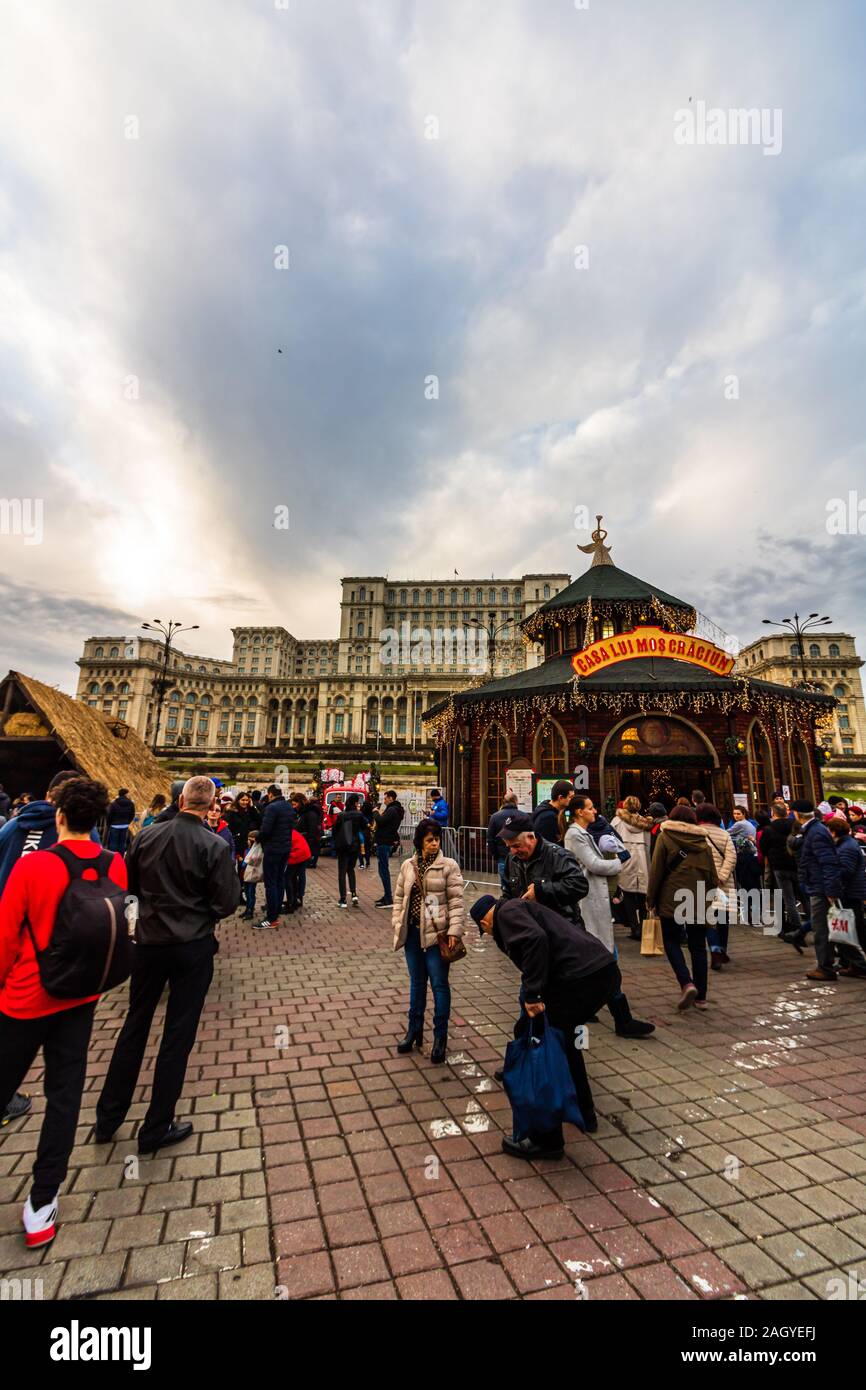 Bucharest Christmas market in front of the Palace of Parliament ...