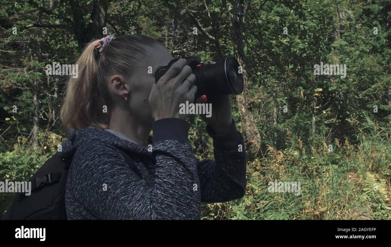 Traveler photographing scenic view in forest river. Wood bridge fallen ...