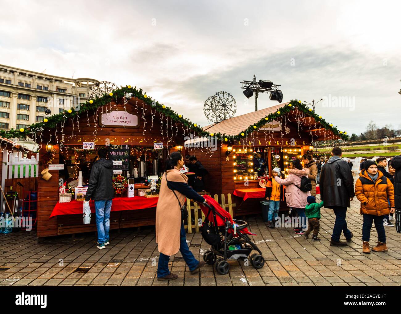 Bucharest Christmas market in front of the Palace of Parliament, lights ...