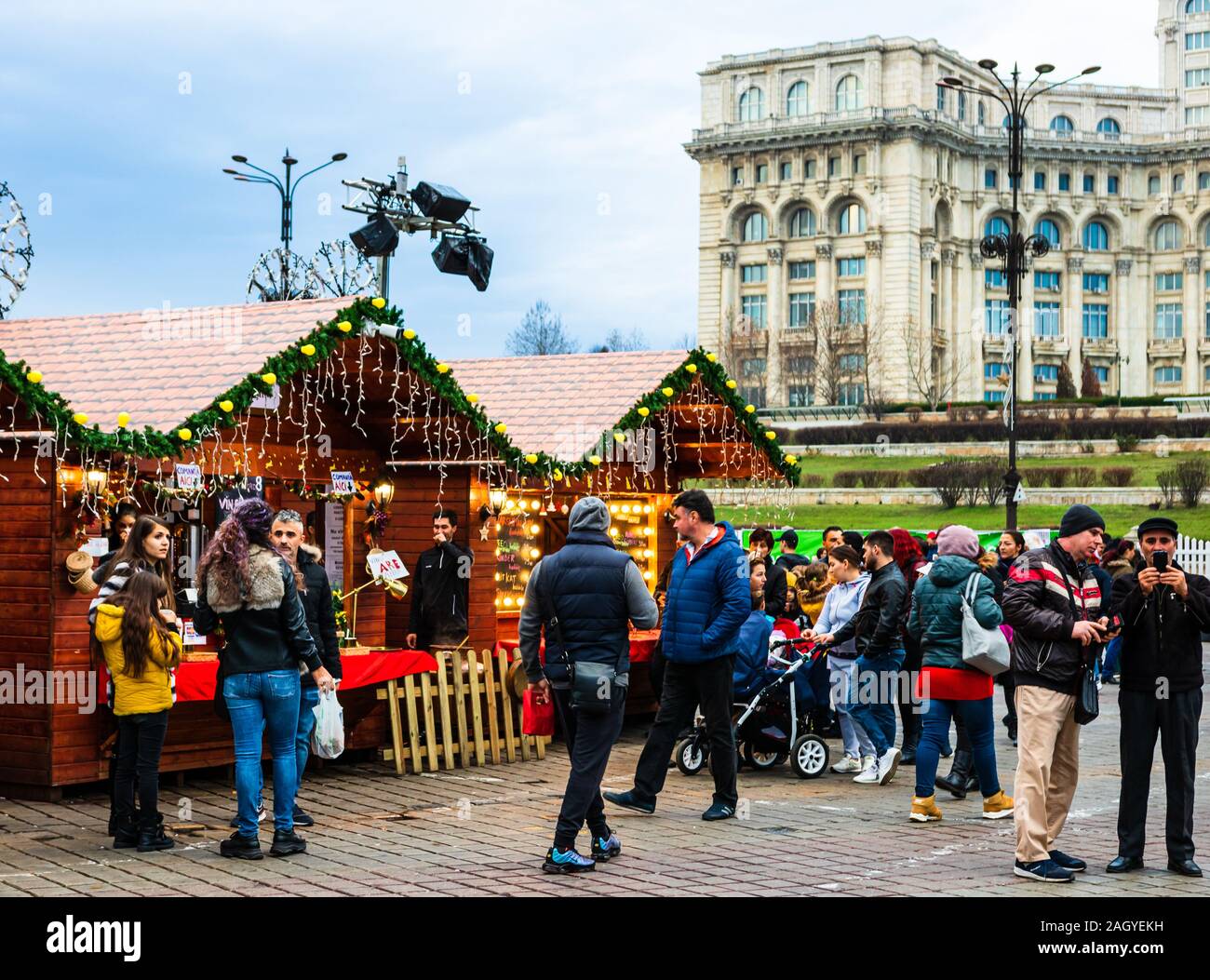 Bucharest Christmas market in front of the Palace of Parliament, lights ...