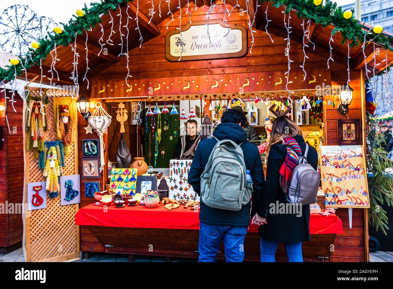 Bucharest Christmas market in front of the Palace of Parliament, lights ...