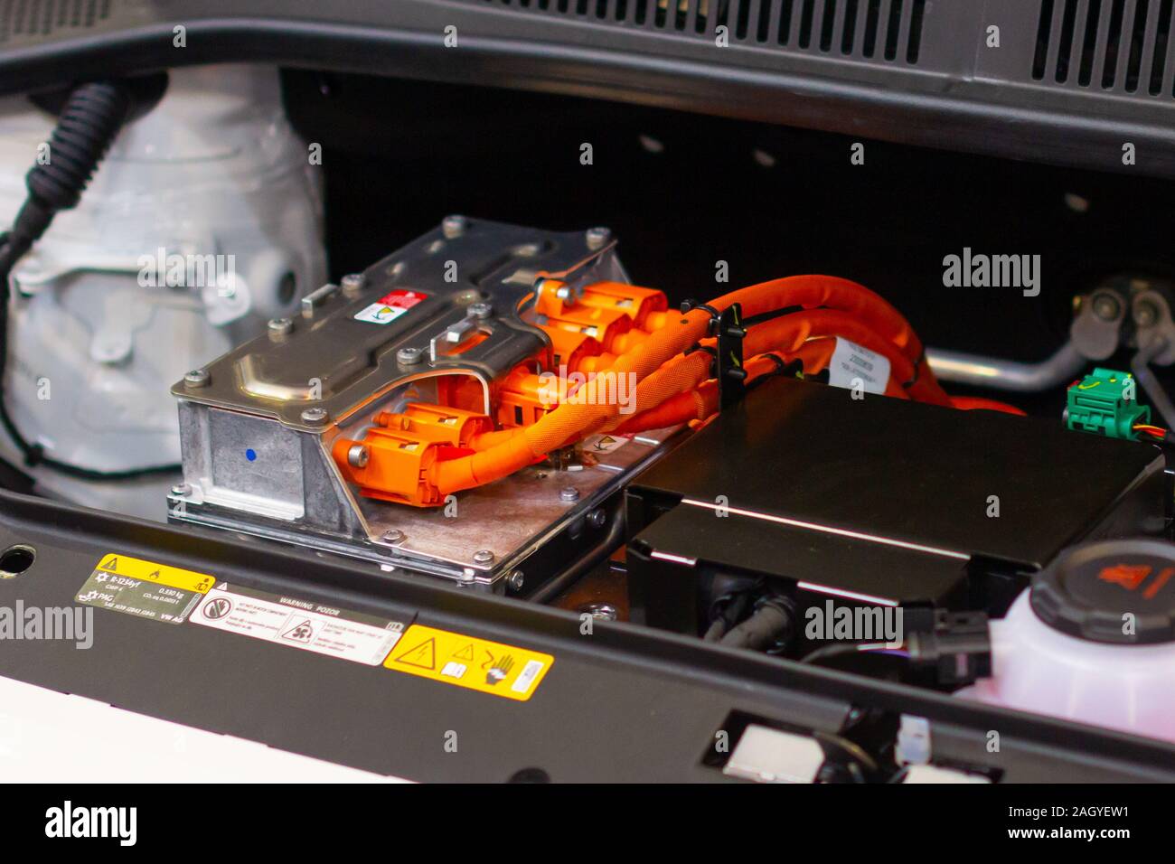 Under the hood of a hybrid or electric car. Detail of electric car ...