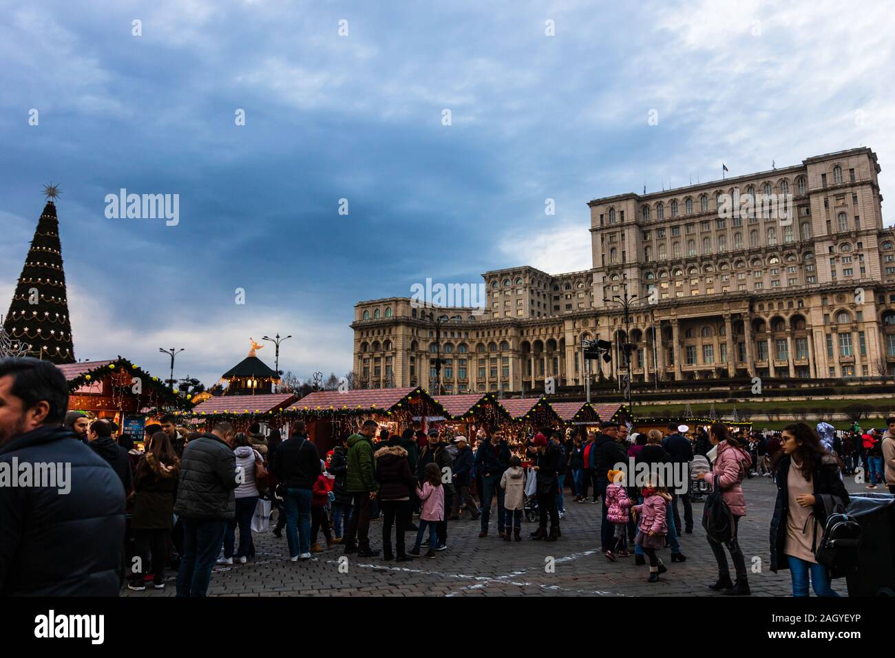 Bucharest Christmas market in front of the Palace of Parliament ...