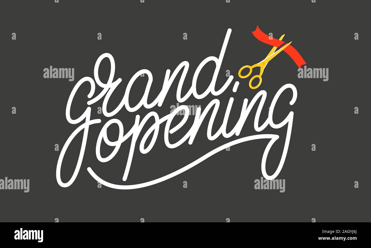 Grand opening. Lettering badge design for opening ceremony, marketing ...