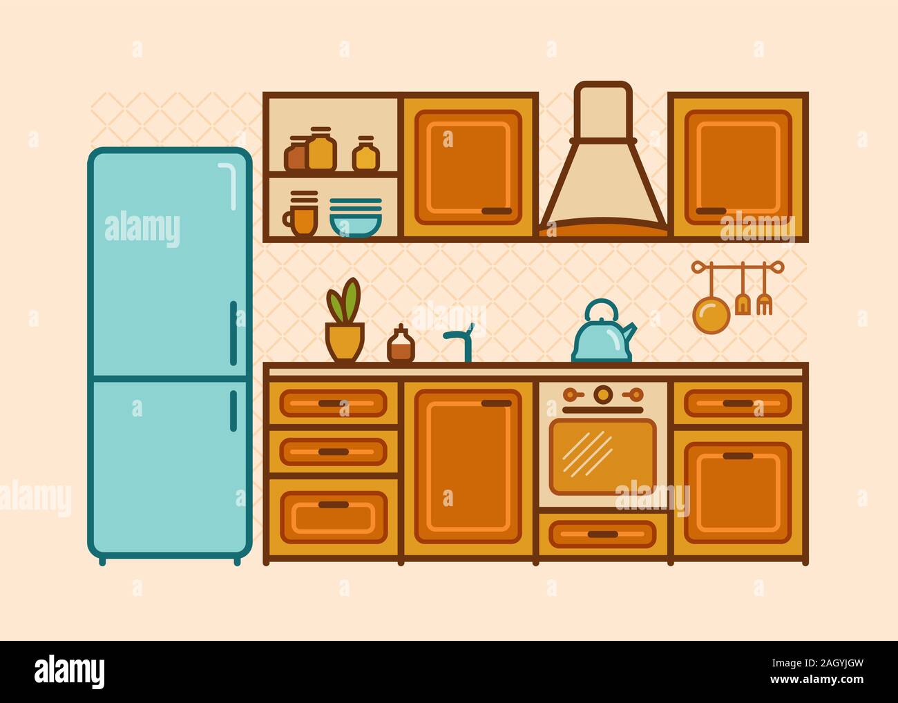 Kitchen, furniture drawn in a linear flat style. Cartoon vector ...