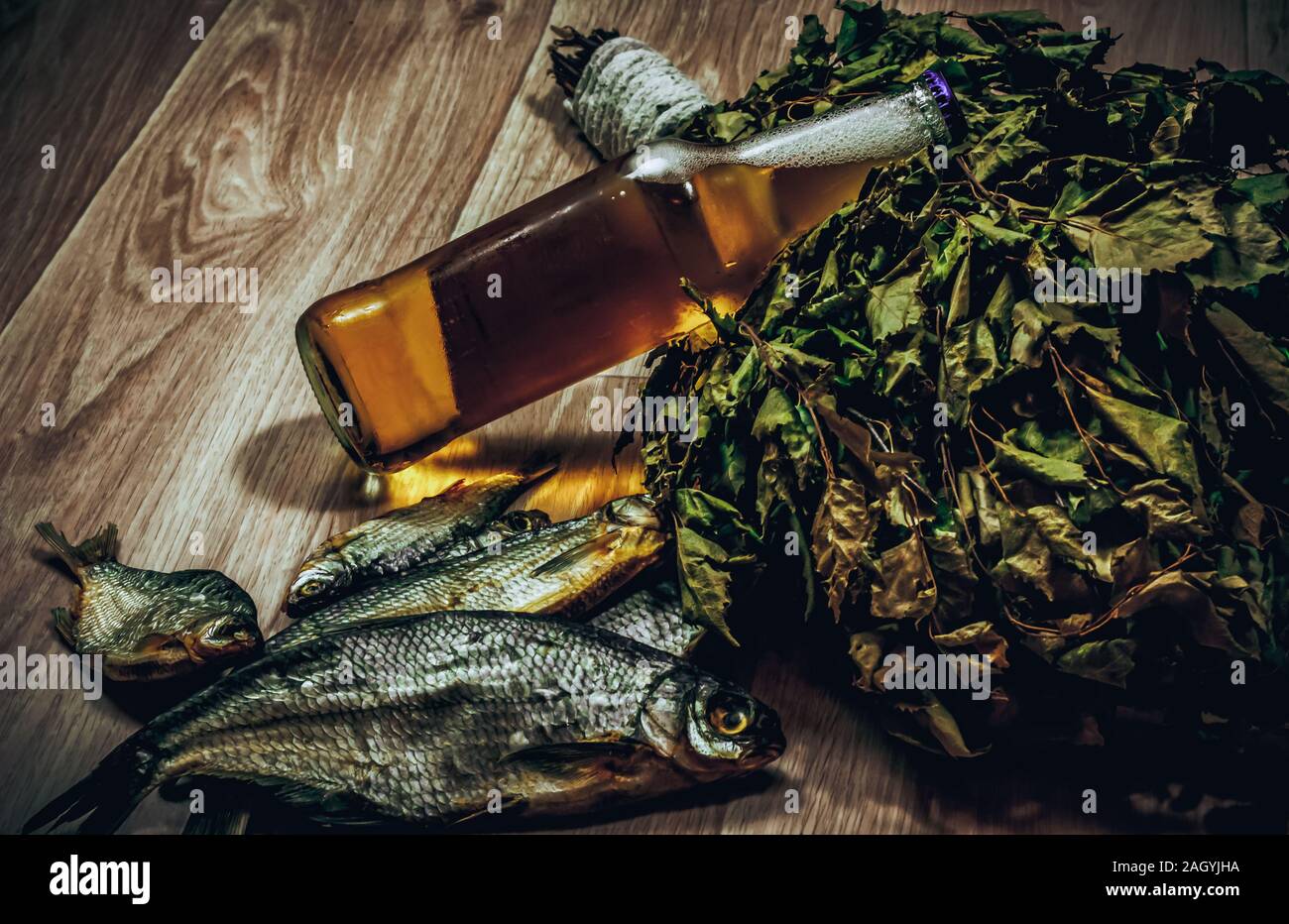 men's set for a trip to the sauna with beer and fish Stock Photo - Alamy
