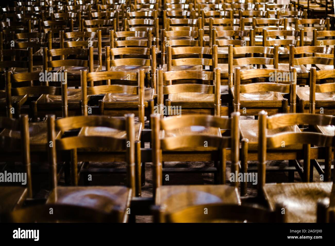Front view of multiple church seats in a row perspective view inside ...