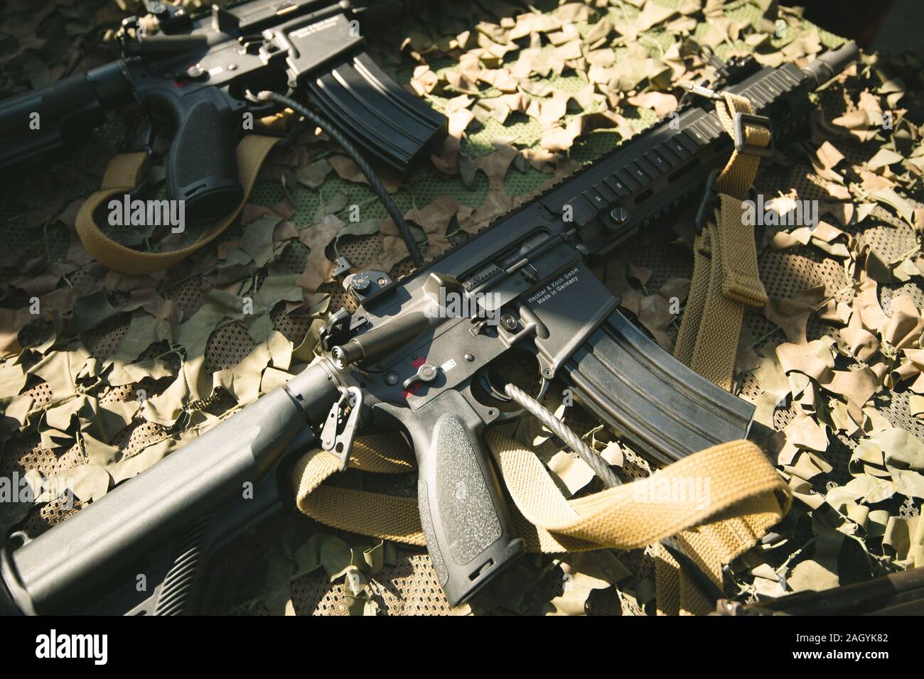 Paris, France - Sep 21, 2019: View from above of semi-automatic rifle ...