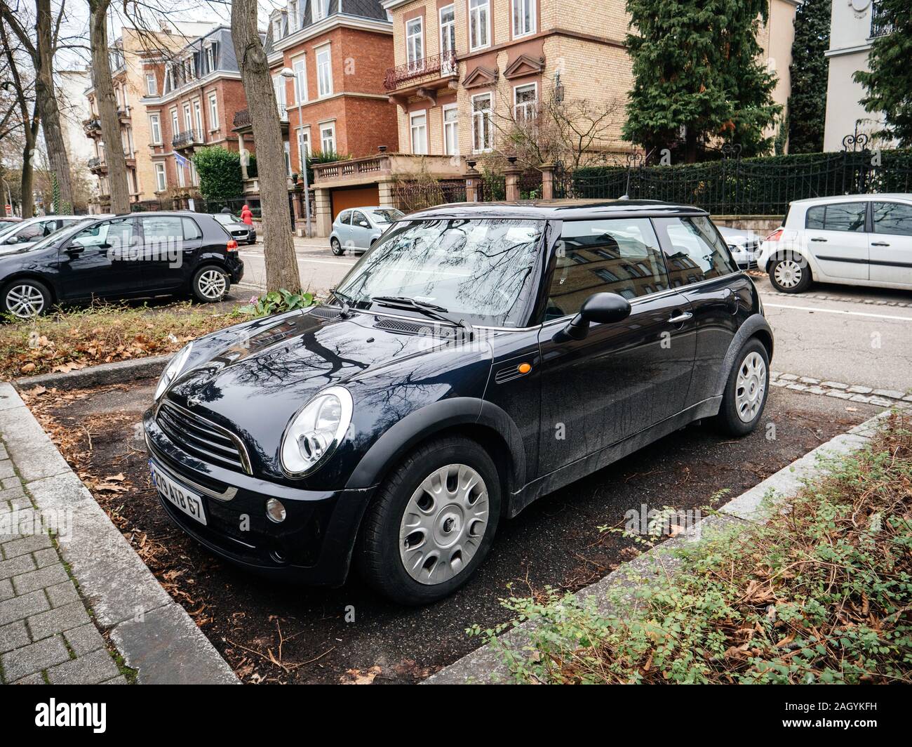 Strasbourg, France - Jan 1, 2018: Black Mini Cooper car parked on city ...