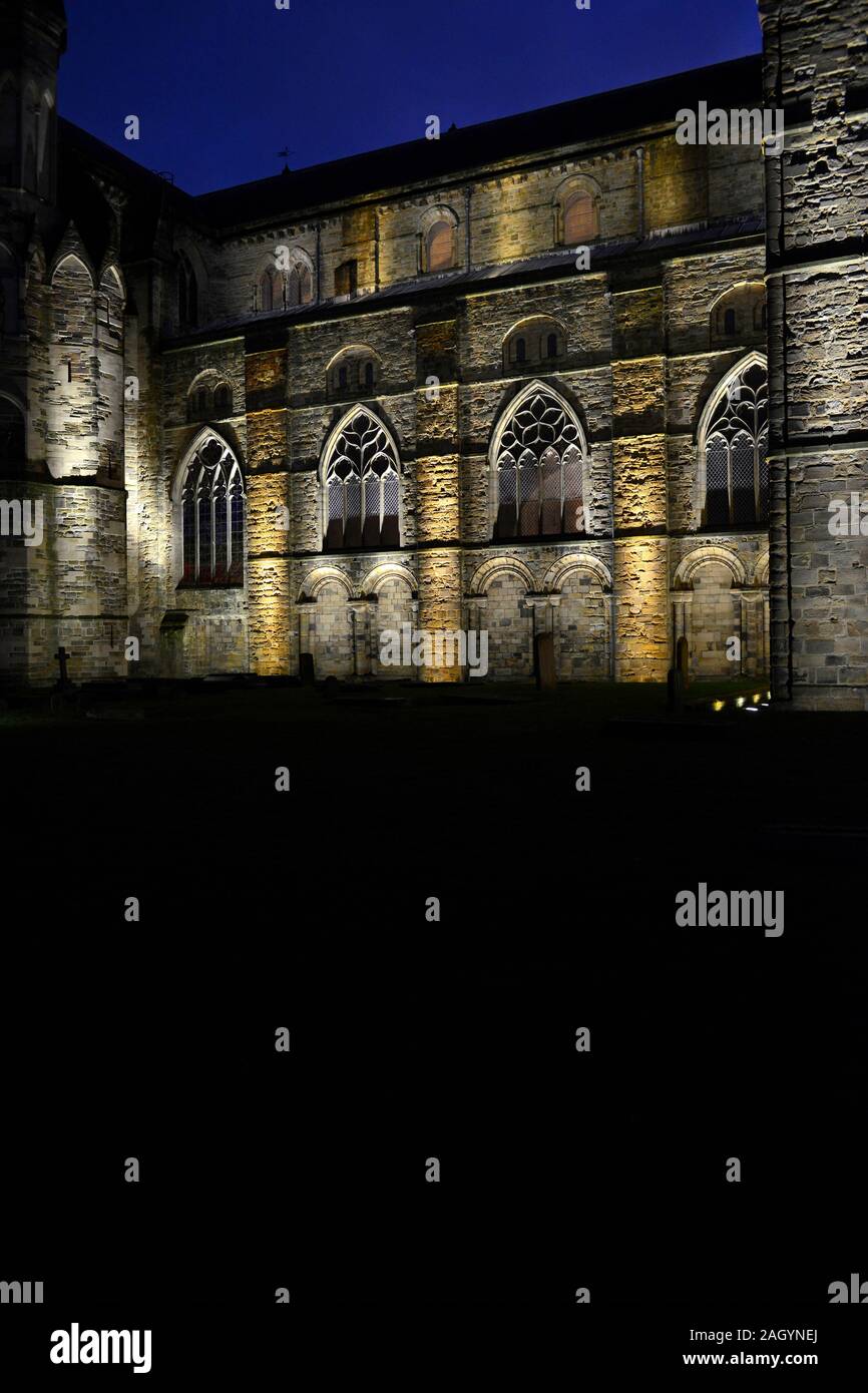 Exterior of the north side of Durham cathedral at dusk, attractively ...