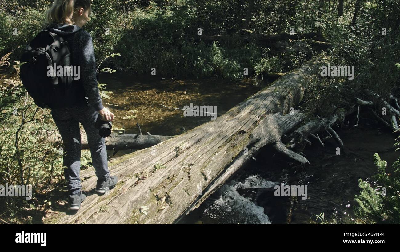 Traveler photographing scenic view in forest river. Wood bridge fallen ...