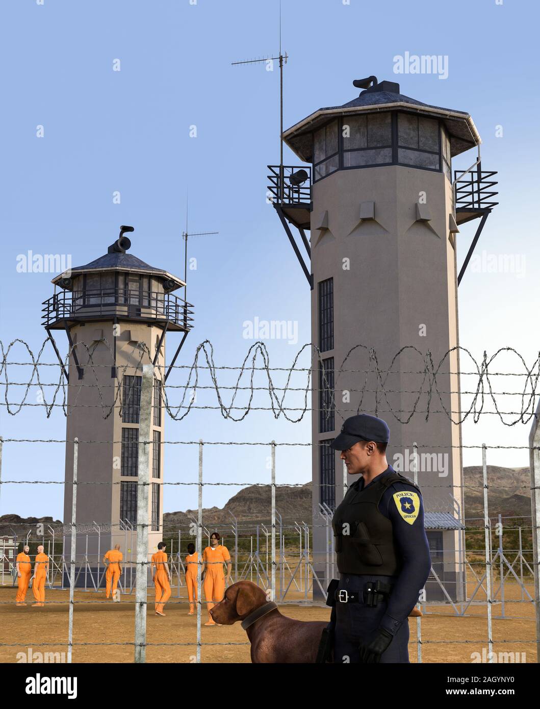 A fenced in prison yard with prisoners and security dominated by two ...