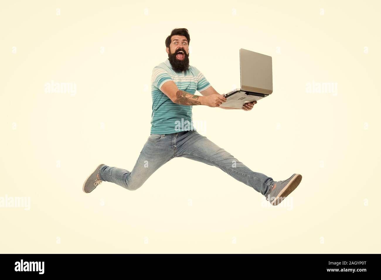 Fast internet. Technologies running world. Man run with modern laptop ...