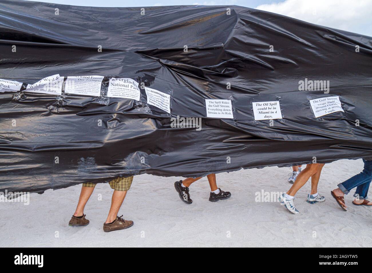 Miami Beach Florida,oil spill protest,offshore drilling,black plastic ...