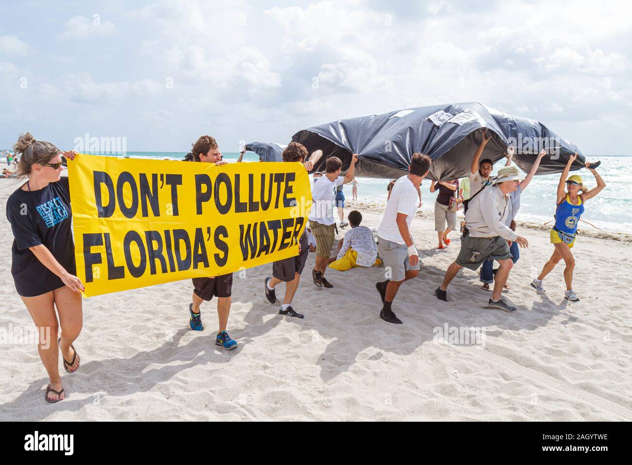 Miami Beach Florida,oil spill protest,offshore drilling,black plastic ...