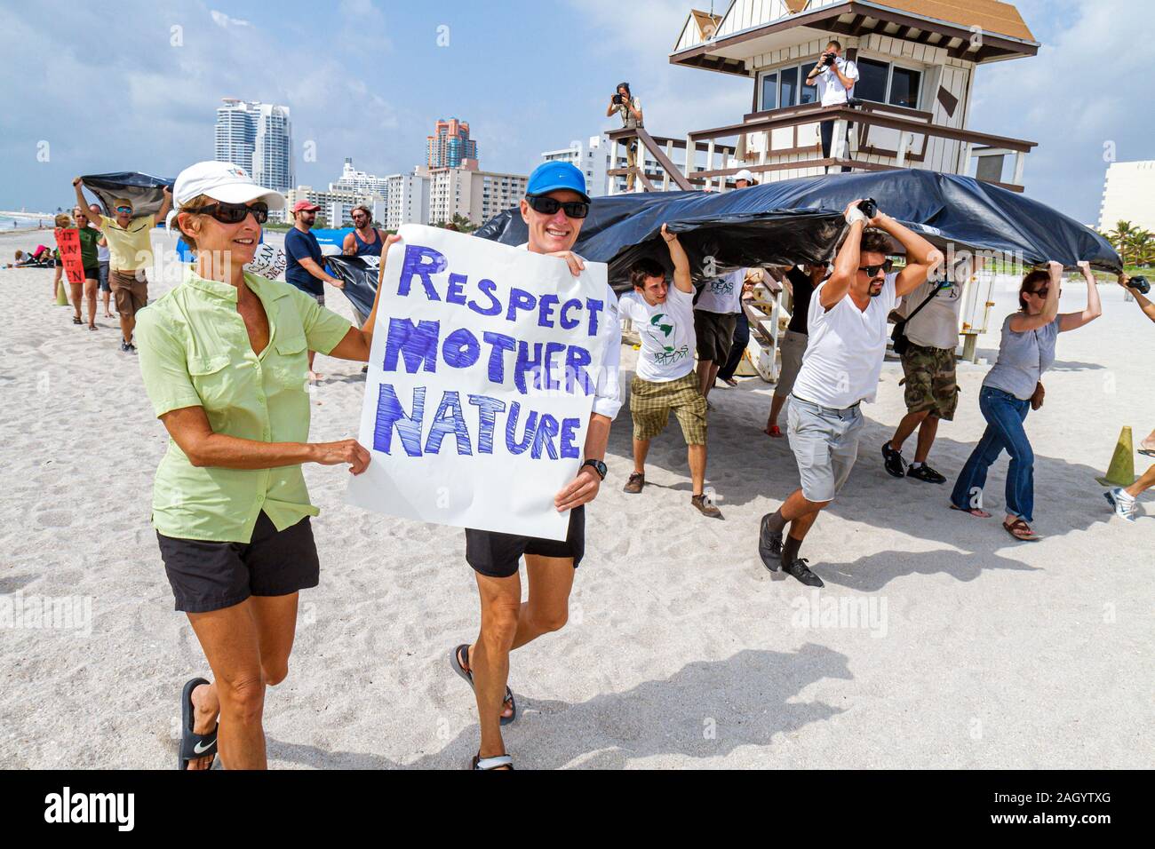 Miami Beach Florida,oil spill protest,offshore drilling,black plastic ...