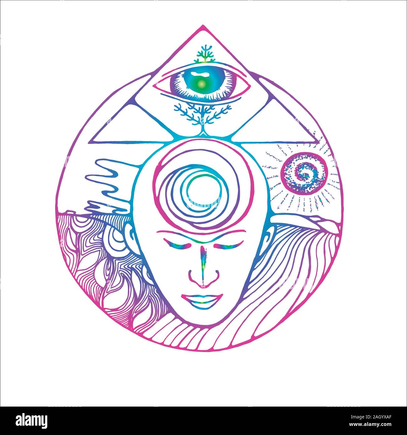Color illustration of a meditating man, masonic triangle, eye and ...