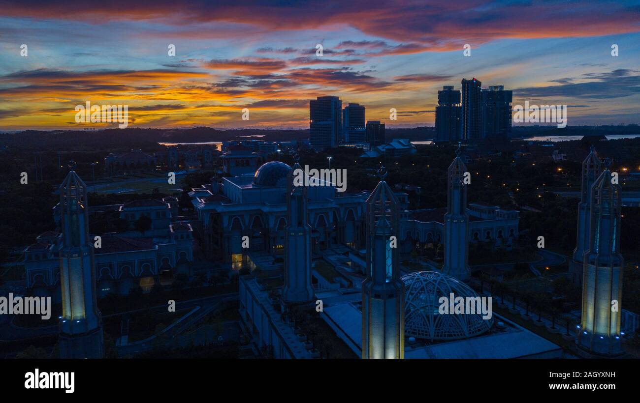 Beautiful aerial view of sunrise at The Kota Iskandar Mosque located at ...