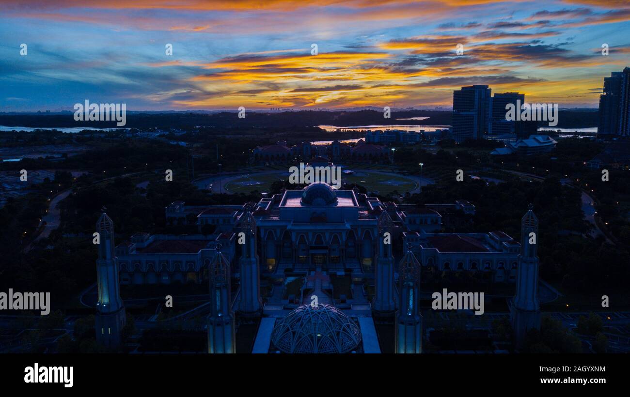 Beautiful landscape aerial view of sunrise at The Kota Iskandar Mosque ...