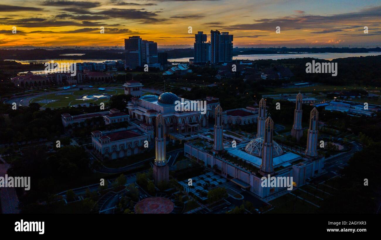 Beautiful aerial view of sunrise at The Kota Iskandar Mosque located at ...