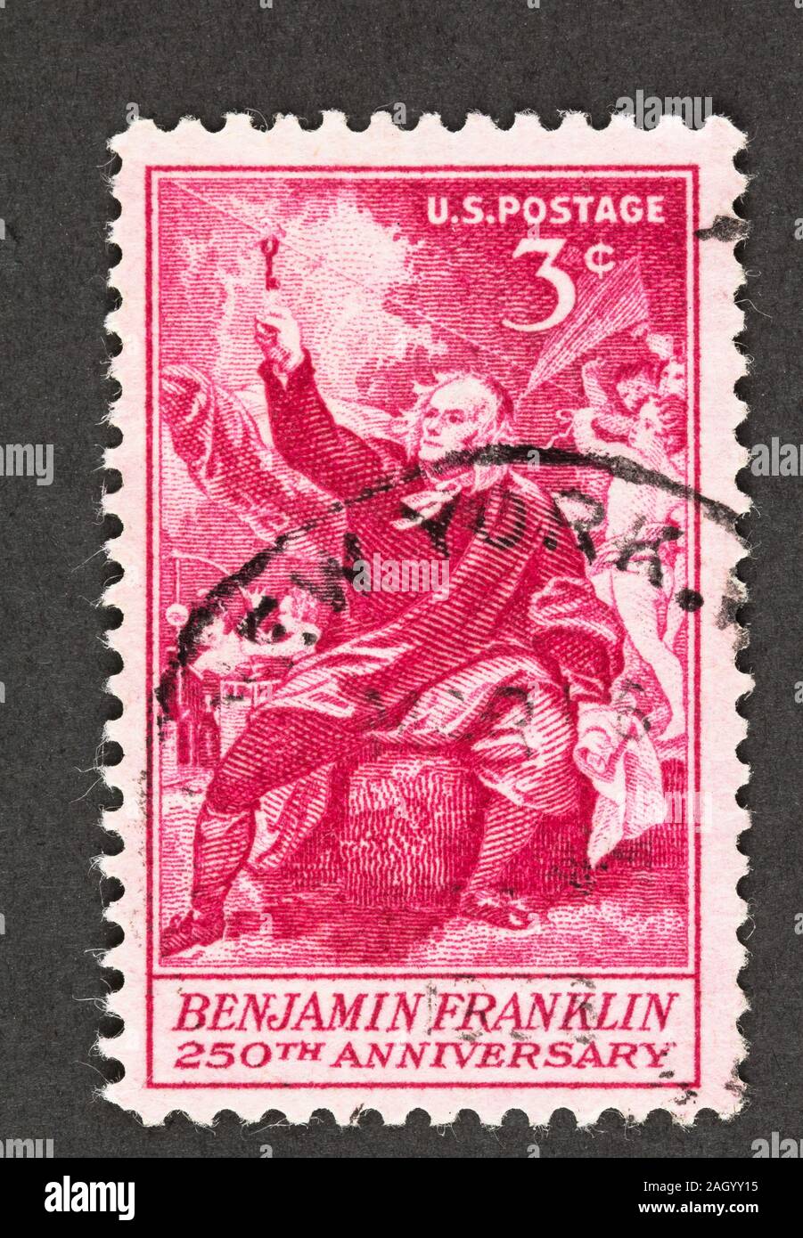 Red 3 cent USA postage stamp featuring likeness of Benjamin West's ...