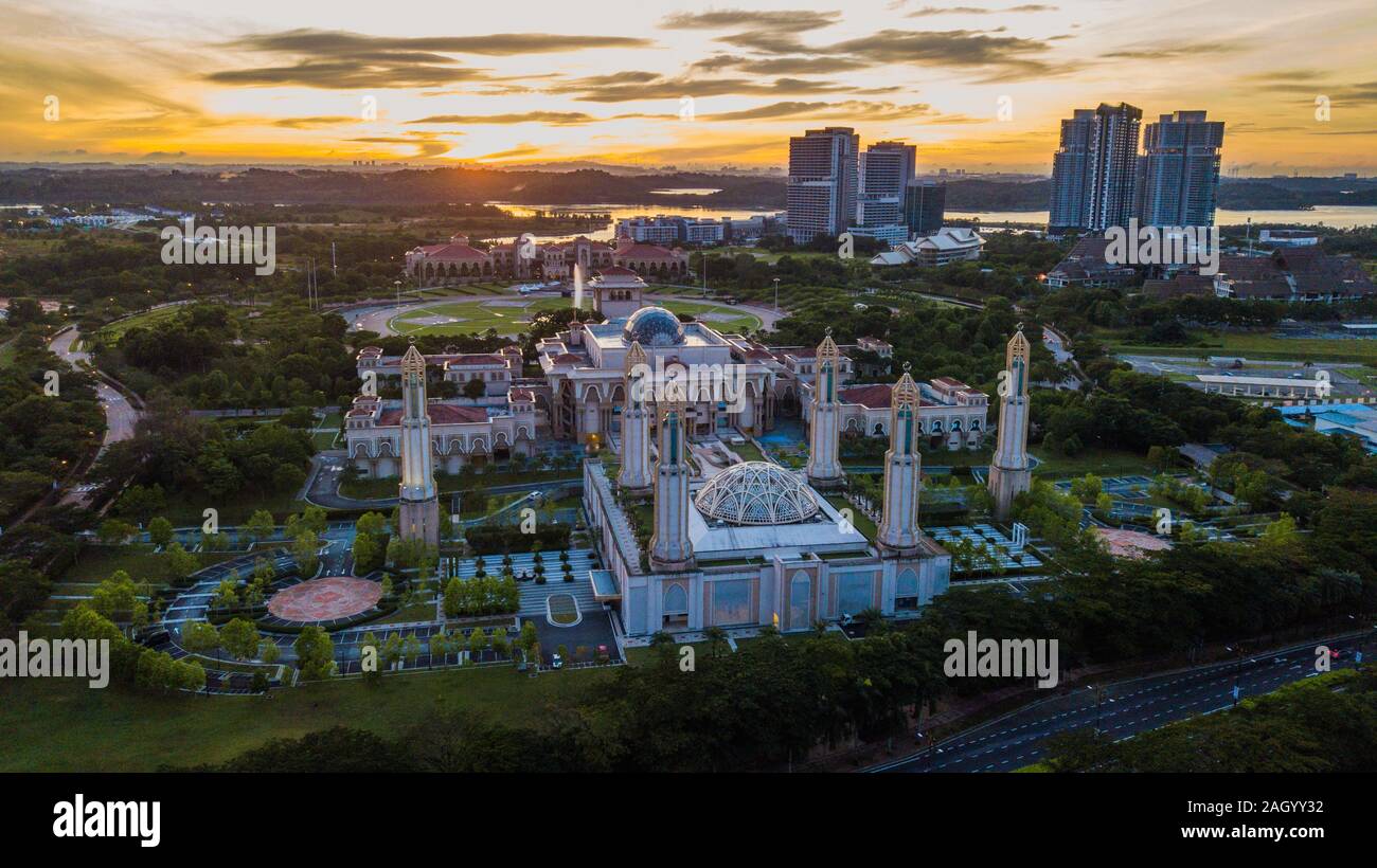 Beautiful aerial view of sunrise at The Kota Iskandar Mosque located at ...