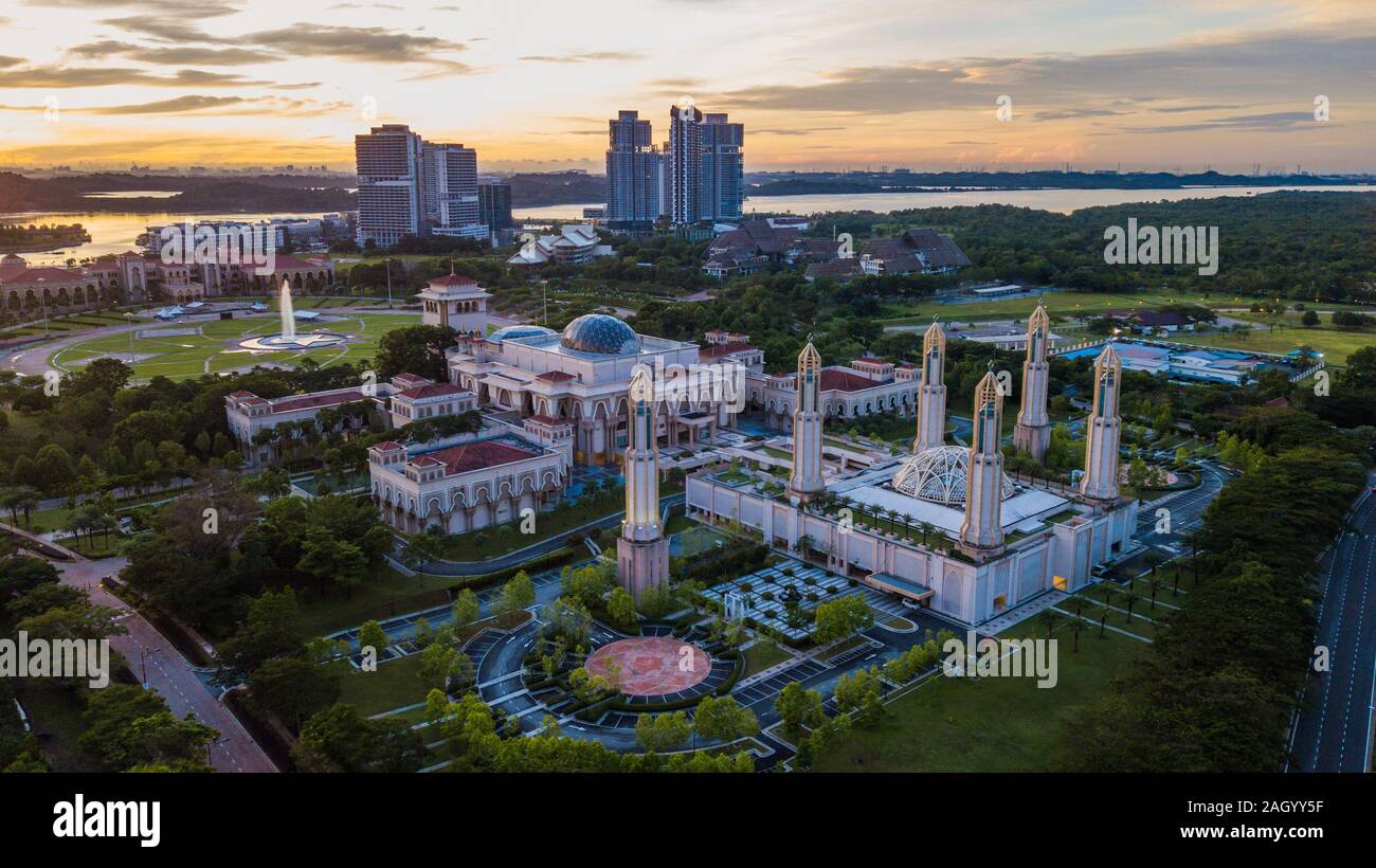 Beautiful aerial view of sunrise at The Kota Iskandar Mosque located at ...
