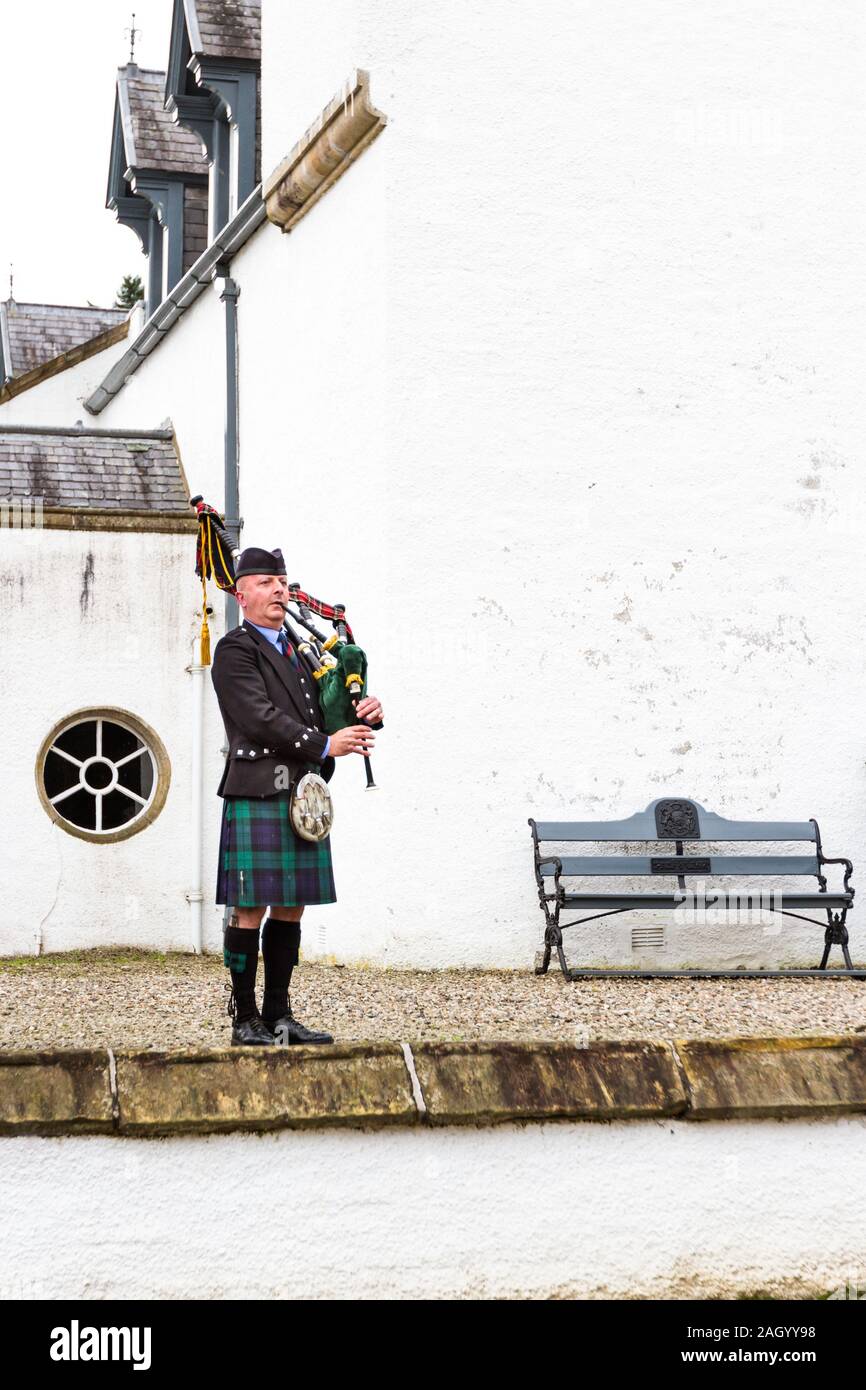 Pitlochry Scotland - September 12 2019: Stuart the piper performing ...