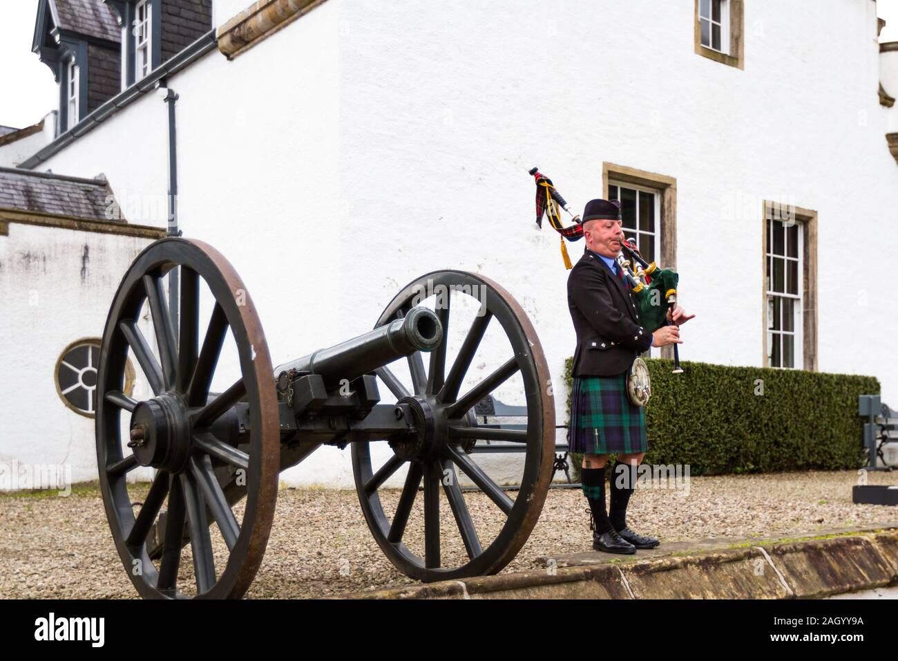 Pitlochry Scotland - September 12 2019: Stuart the piper performing ...