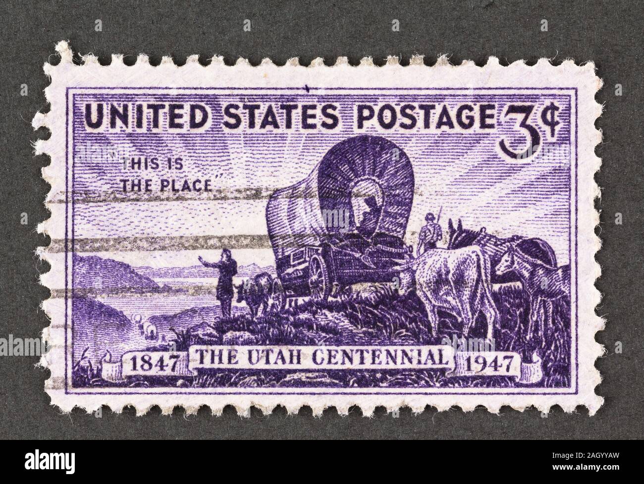 Purple 3 cent US postage stamp commemorating pioneers entering the ...