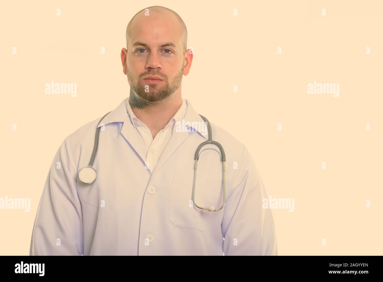 Studio shot of young bald muscular man doctor Stock Photo - Alamy