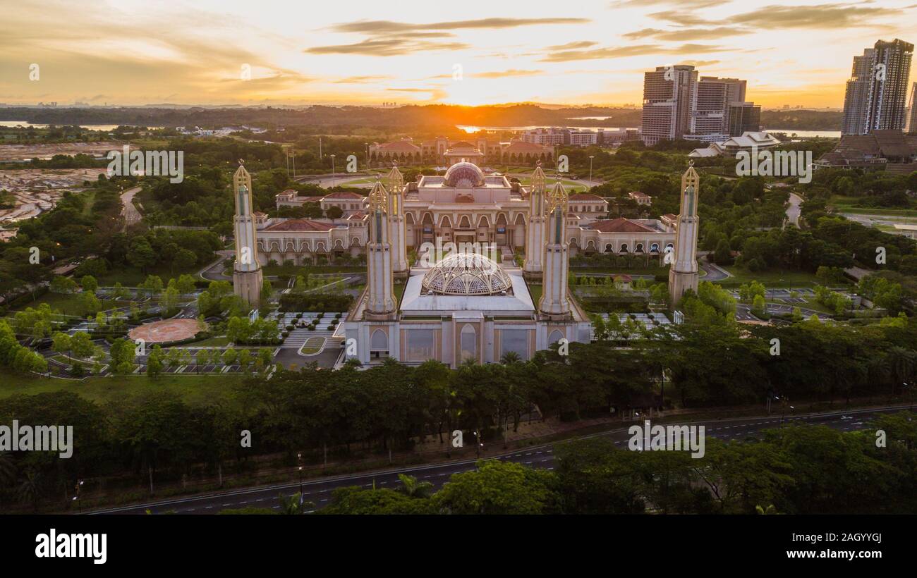 Beautiful aerial view of sunrise at The Kota Iskandar Mosque located at ...