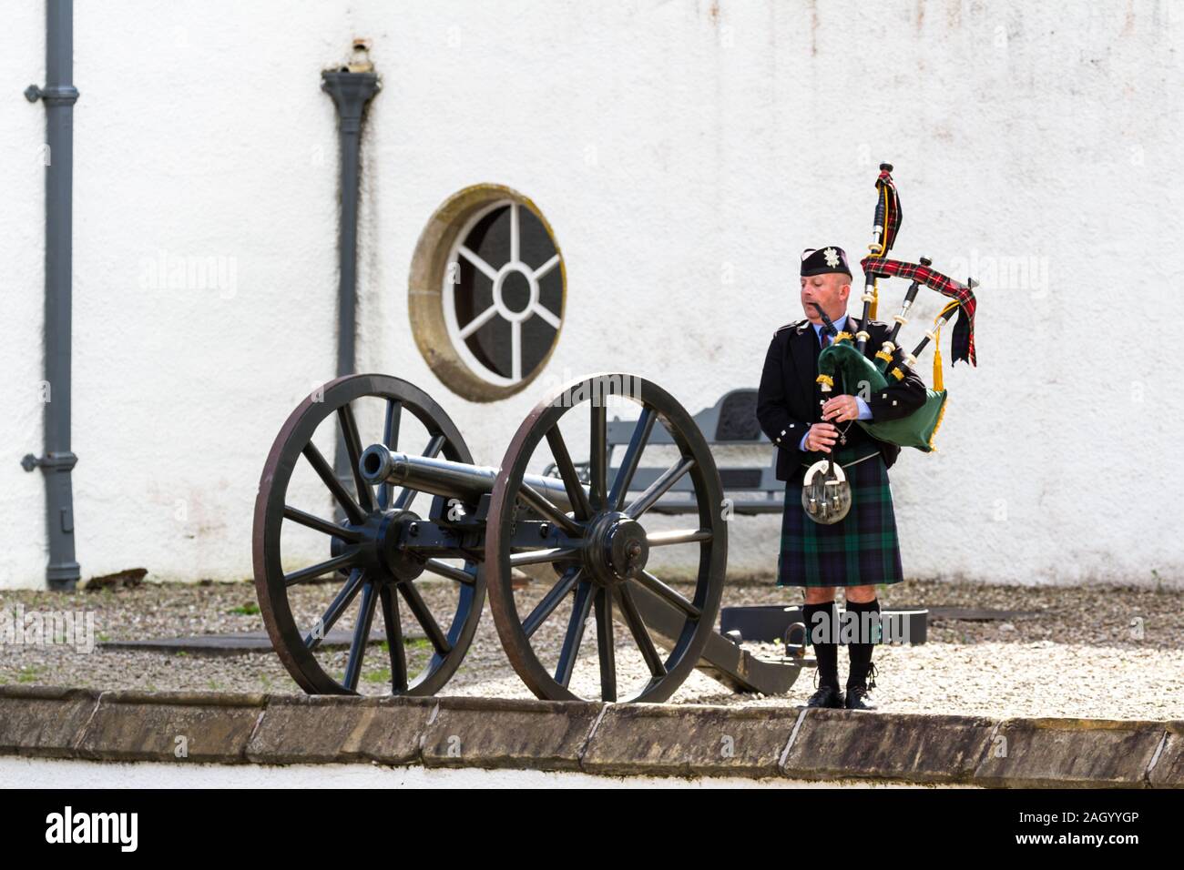 Pitlochry Scotland - September 12 2019: Stuart the piper performing ...
