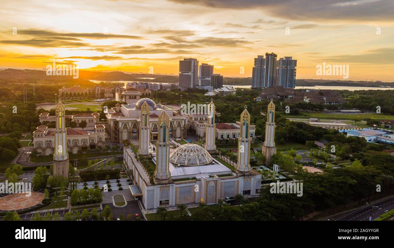 Beautiful aerial view of sunrise at The Kota Iskandar Mosque located at ...